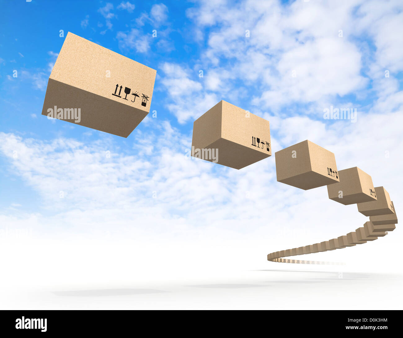 Stream of flying cardboard boxes above blue sky. Fast accuracy delivery ...