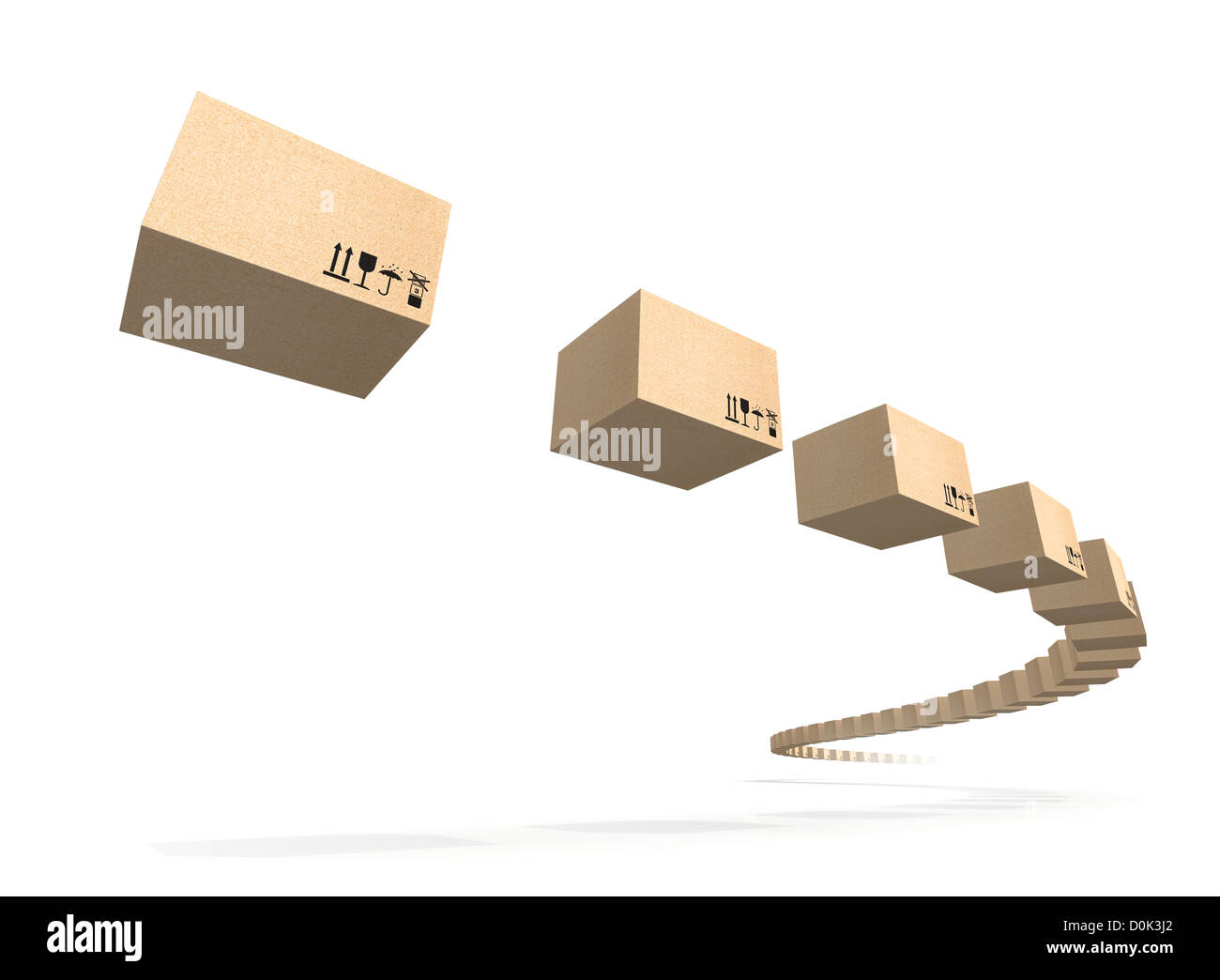 Stream of flying cardboard boxes isolated on white. Fast accuracy ...