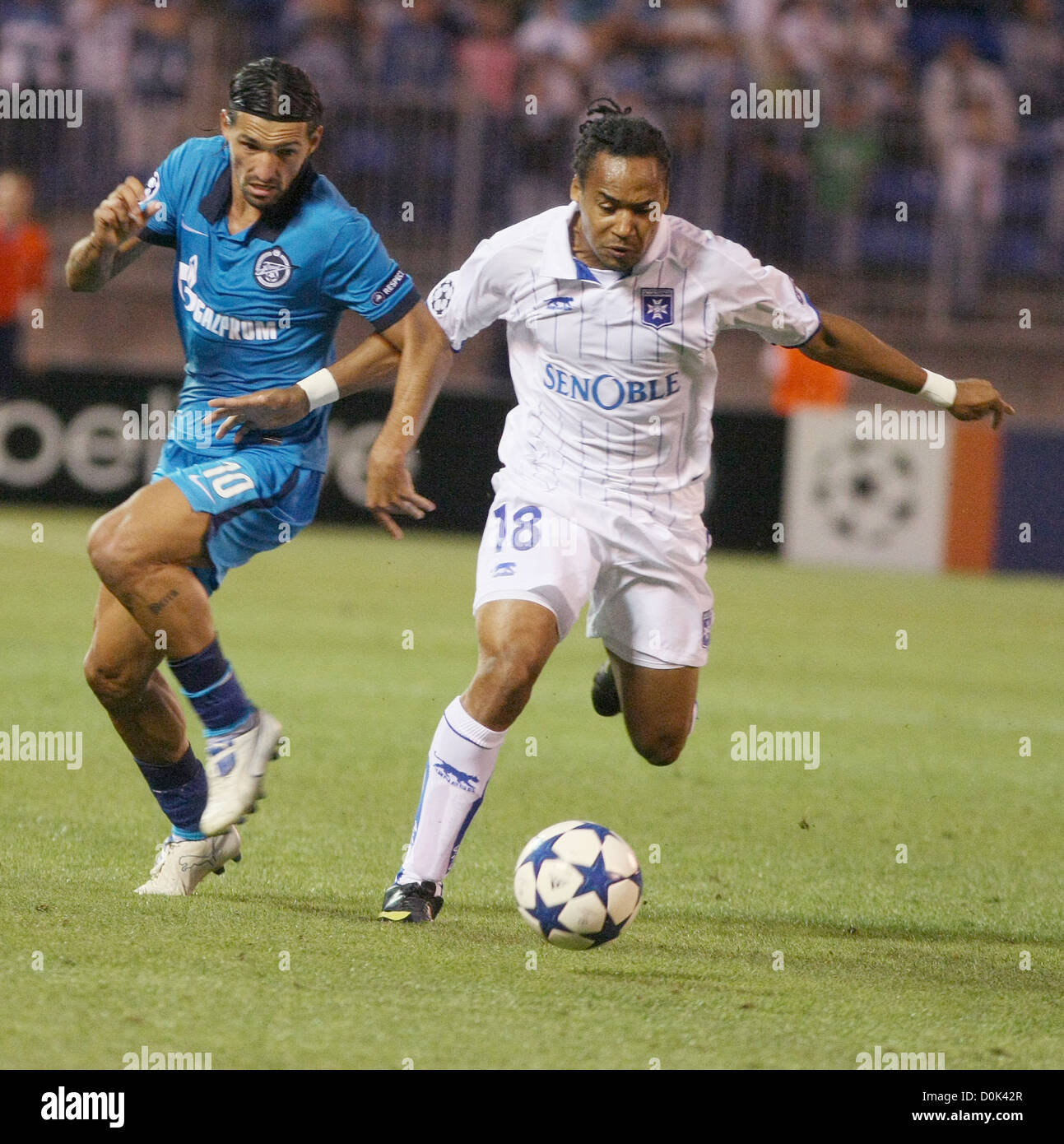 FC Zenit footballer Miguel Danny and AJ Auxerre footballer Roy Contout ...