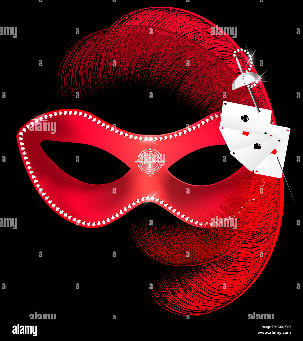 on a black background is a red half mask decorated with feather, gems ...