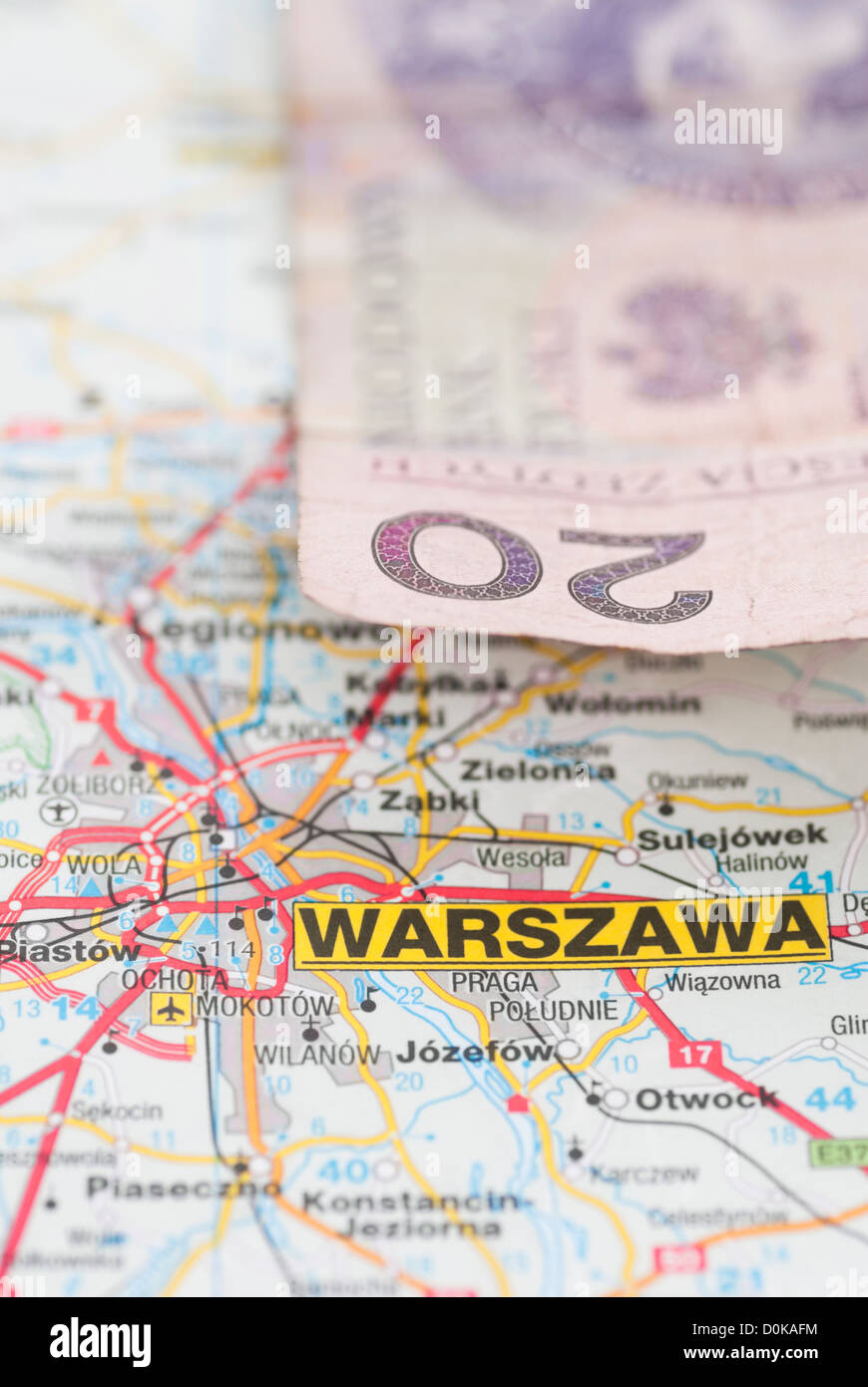 Polish Zloty currency on map marked Warsaw (Warszawa Stock Photo - Alamy
