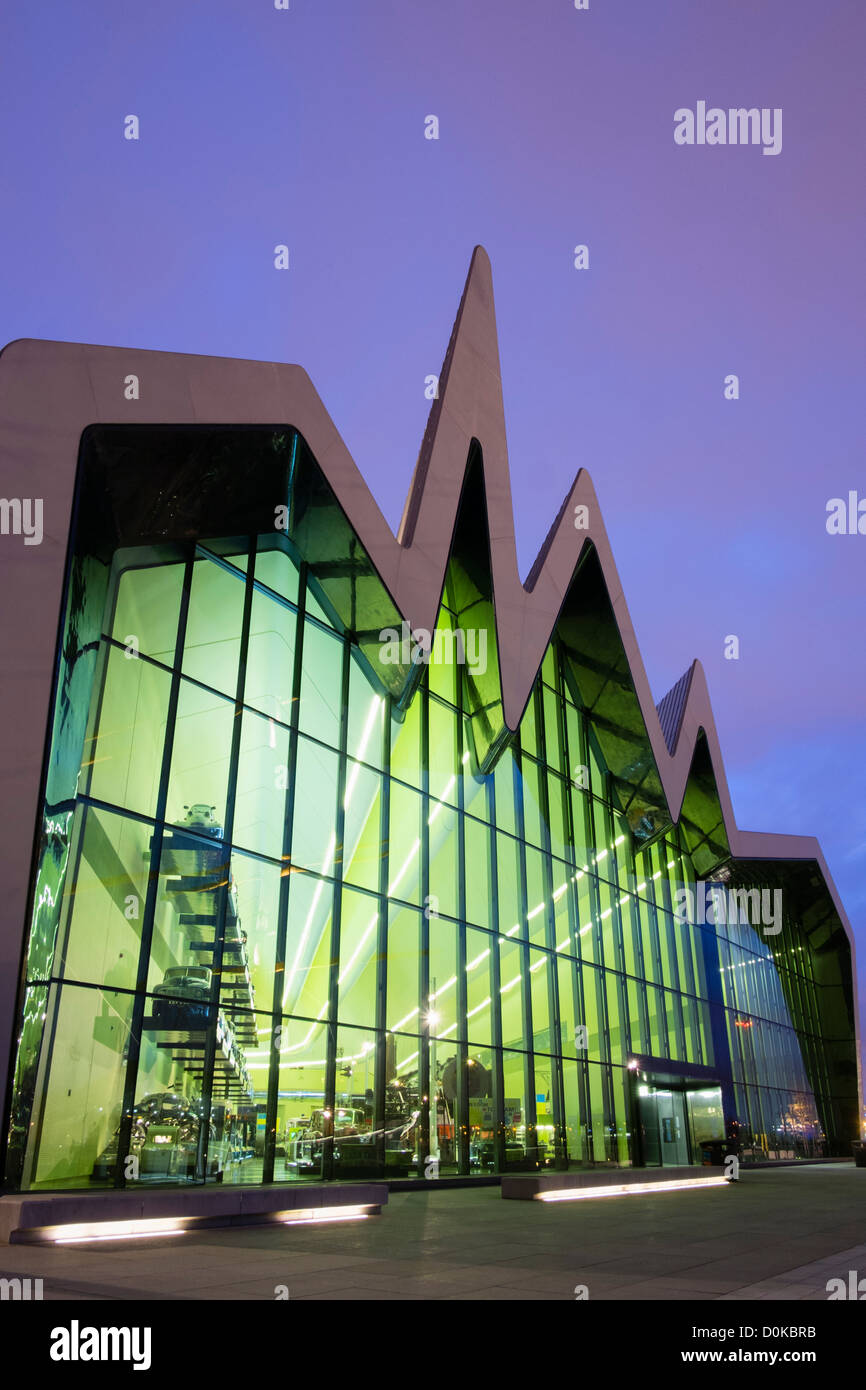 Dusk view of new Riverside Museum of Transport in Glasgow Scotland UK ...