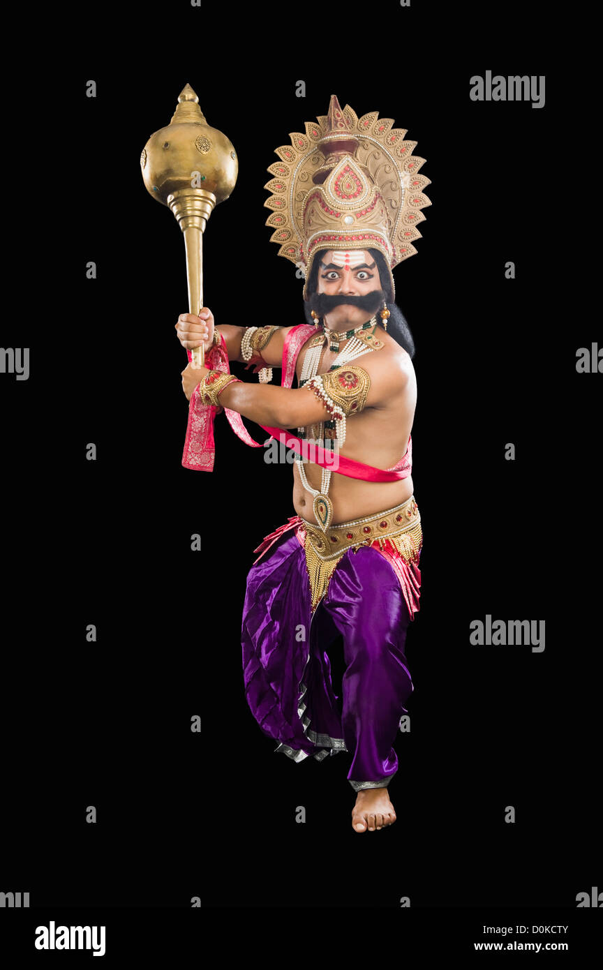 Portrait of a stage artist dressed-up as Ravana the Hindu mythological ...