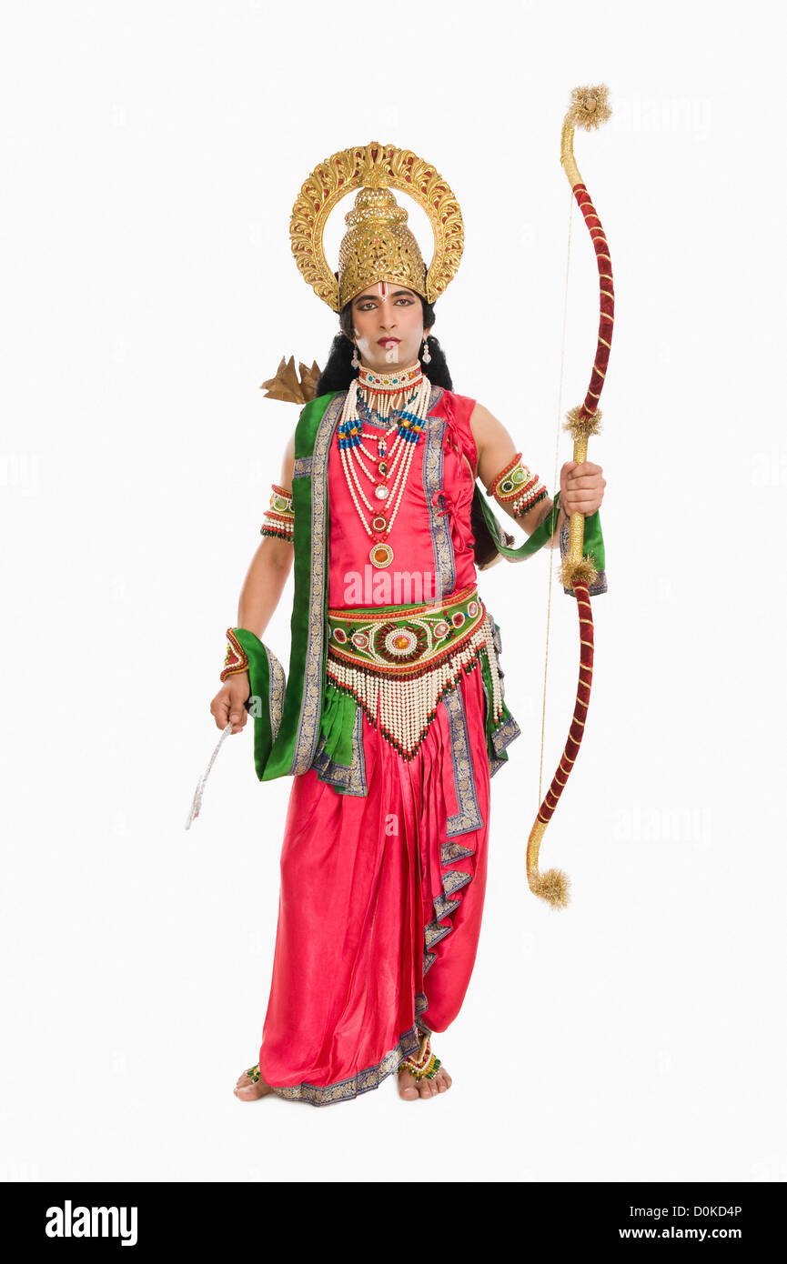 Portrait of a stage artist dressed-up as Rama the Hindu mythological ...