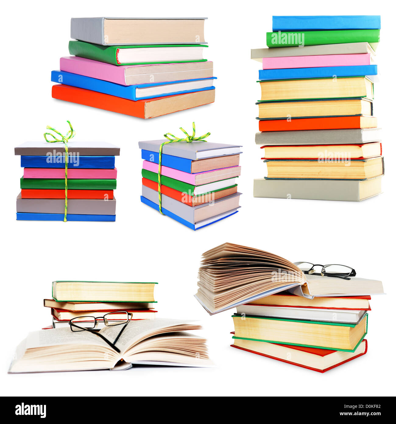 Stack of different color books isolated on white collage Stock Photo ...