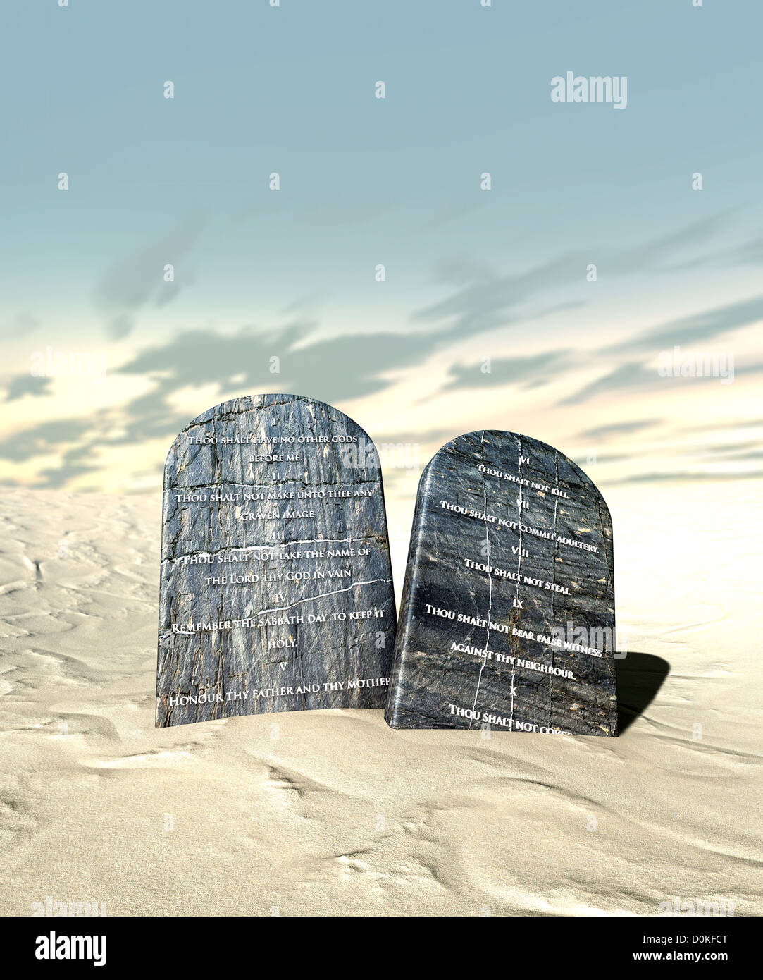 Two stone tablets with the ten commandments inscribed on them standing ...