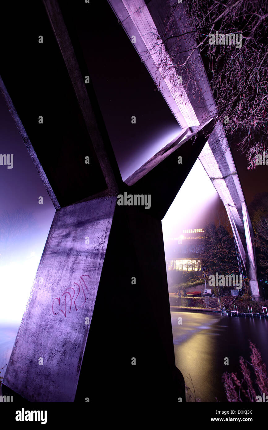 An illuminated waterfall on the Kingsgate Bridge Stock Photo - Alamy