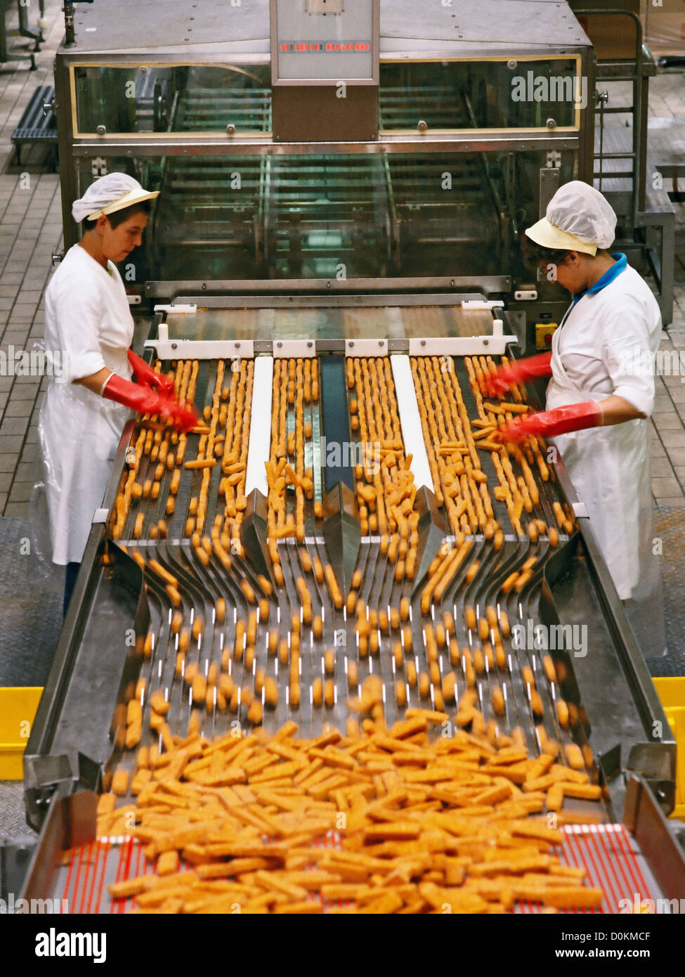 Two women work on a production line making frozen fish fingers Stock ...