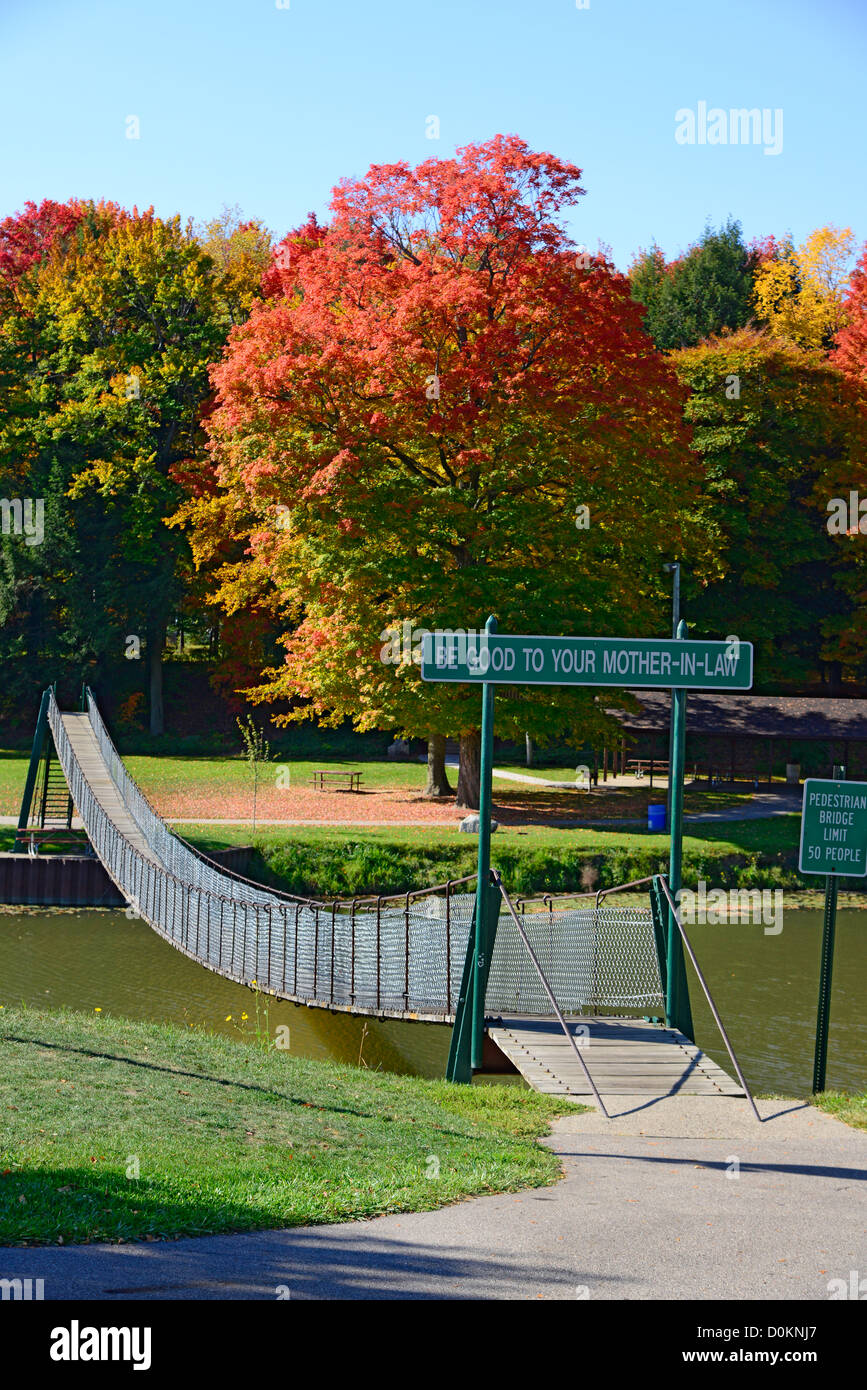 Walking Suspension Bridge Over Water In Autumn Fall MI Stock Photo - Alamy