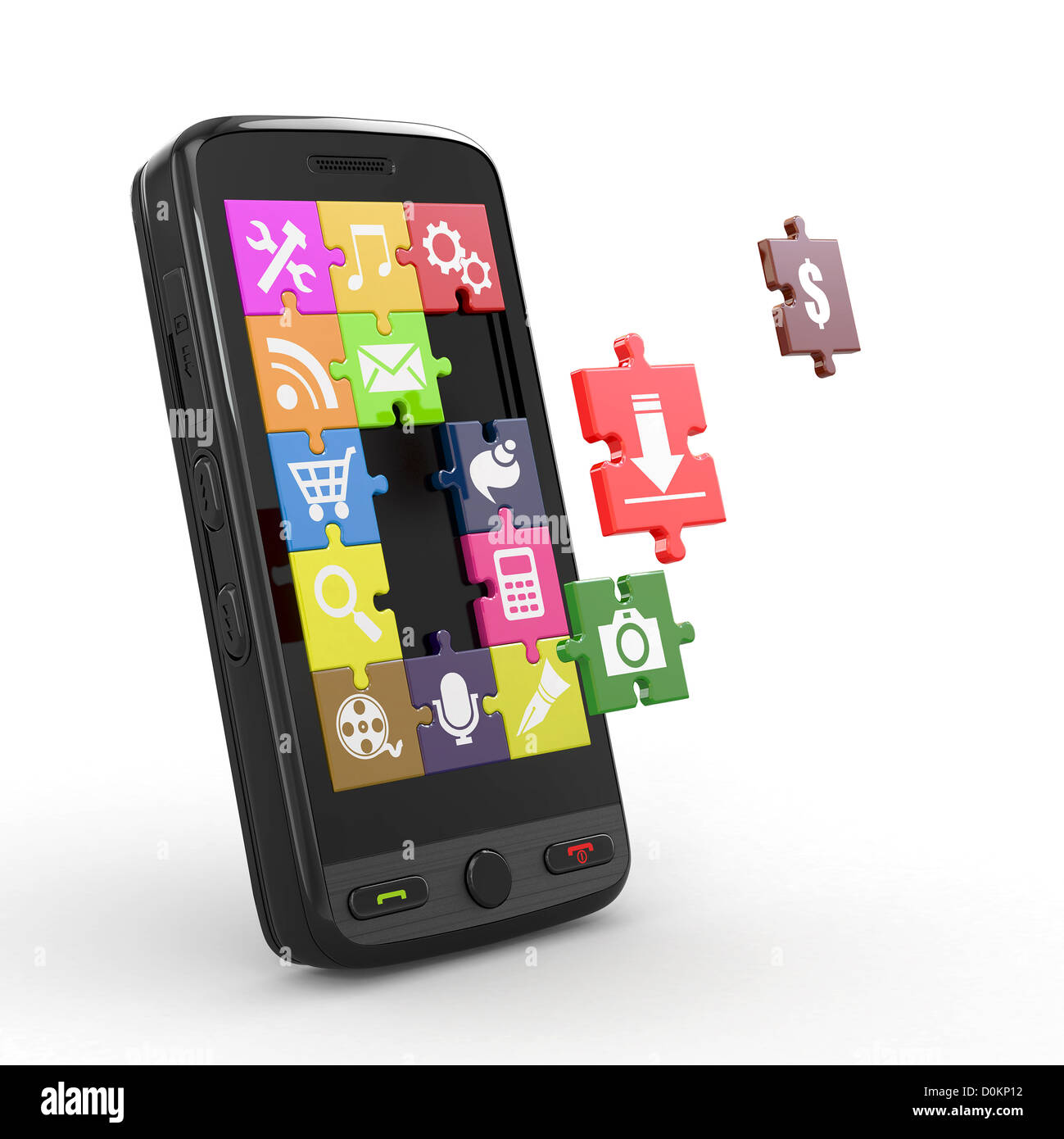 Mobile phone software. Screen from puzzle with icons. 3d Stock Photo ...