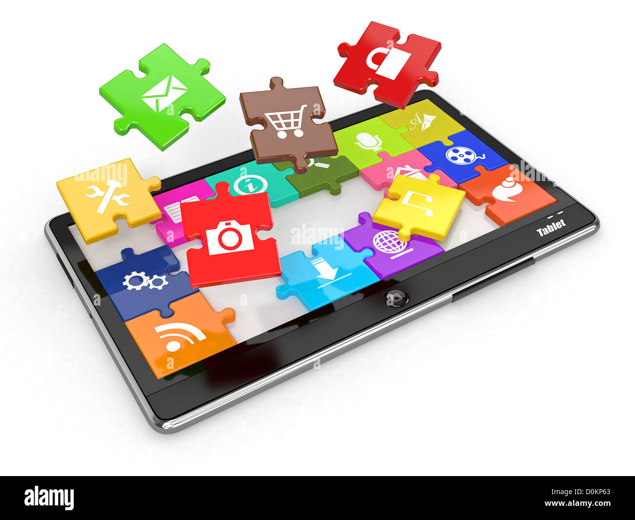 Tablet pc software. Screen from puzzle with icons. 3d Stock Photo - Alamy