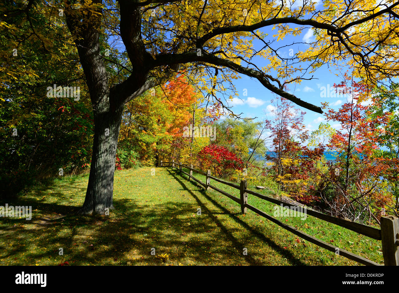 Fenced shoreline with colorful fall leaves autumn trees Michigan Stock ...