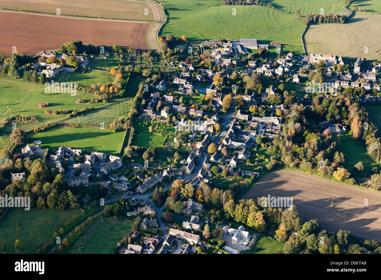 An aerial view of the Cotswold village of Longborough, Gloucestershire ...
