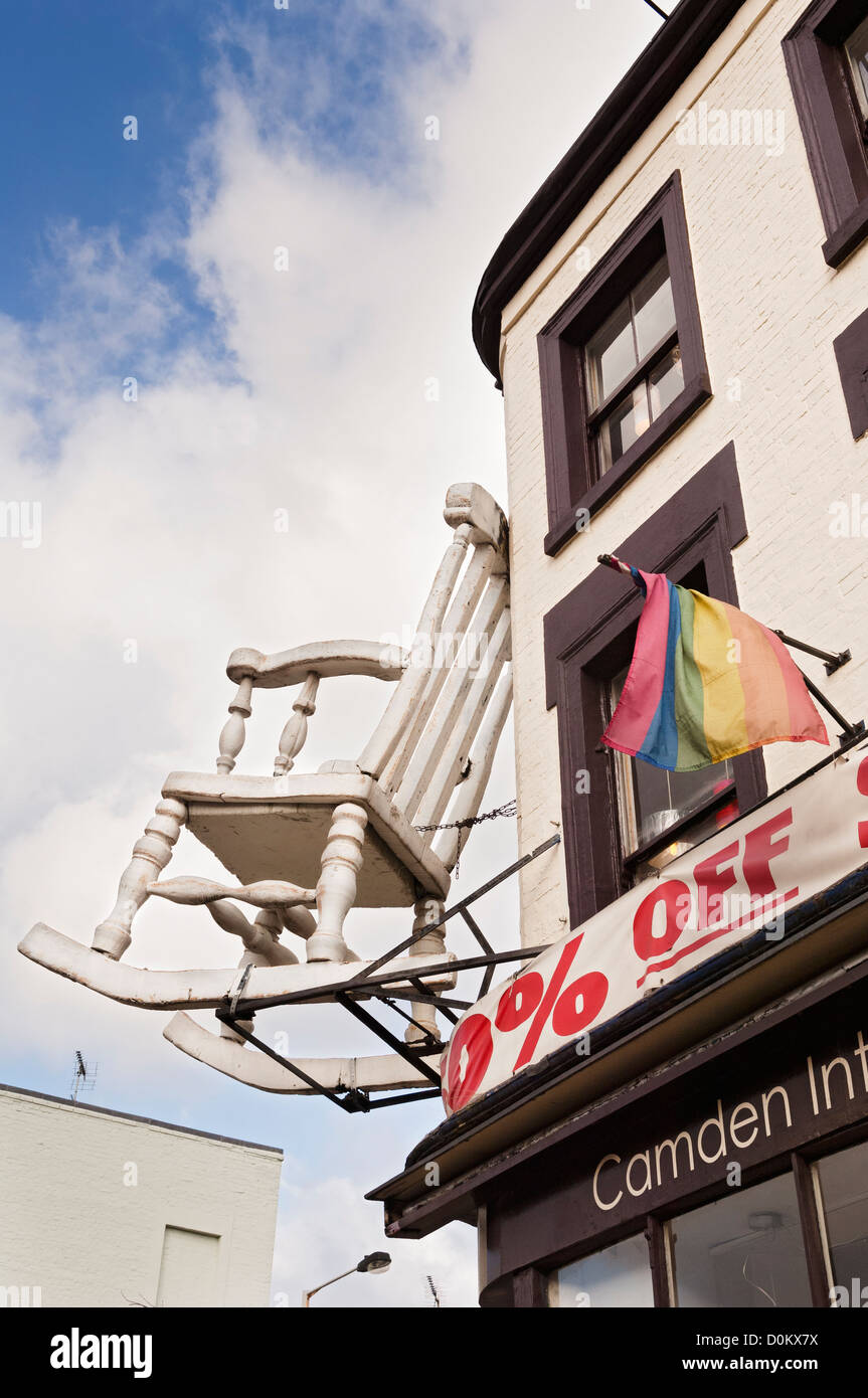 Larger than life model of a wooden rocking-chair above the entrance to ...