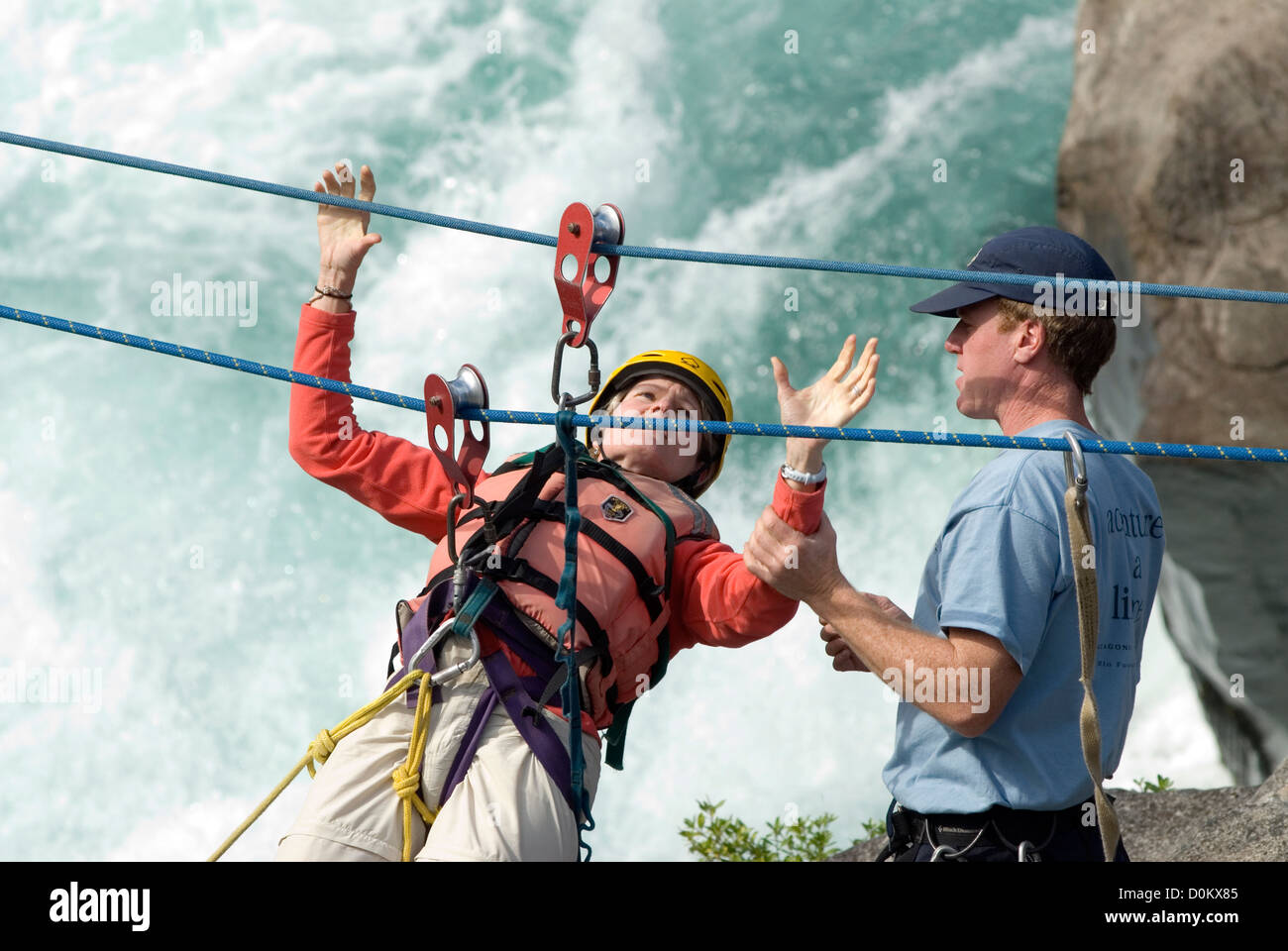 Tyrolian traverse across Zeta Rapid on the Futaleufu River in Chile ...