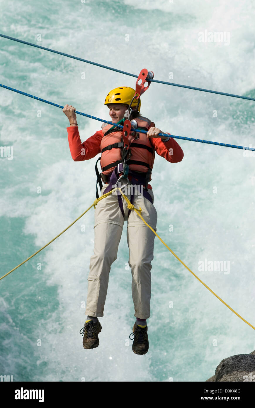 Tyrolian traverse across Zeta Rapid on the Futaleufu River in Chile ...