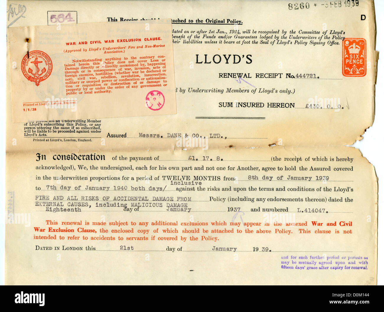 Insurance document from Lloyd's of London, 1939, with added 'War and ...