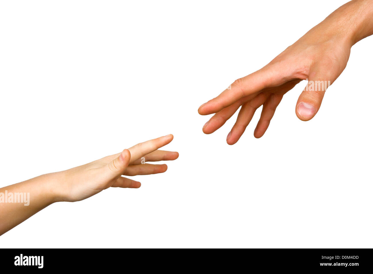 small child's hand reaches for the big hand man isolated on white ...