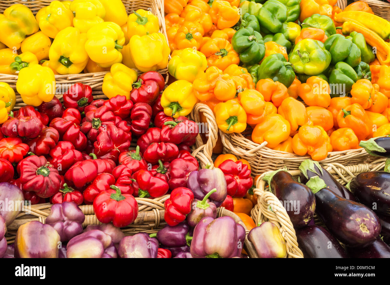 Display of peppers on display at the farmers market Stock Photo - Alamy
