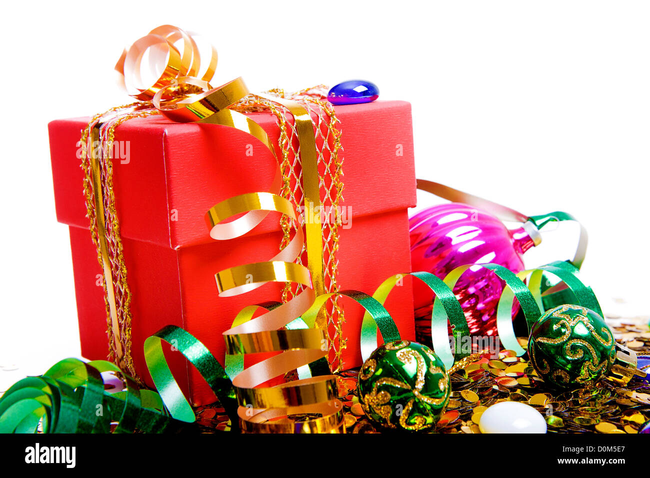 Christmas gift in a red box, Christmas decorations and konfitti Stock ...