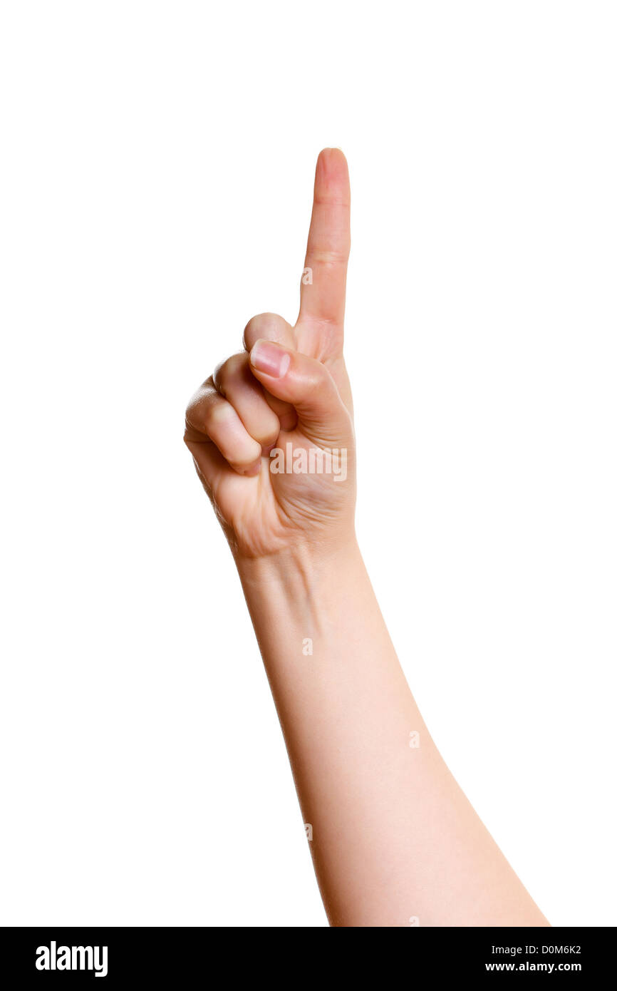 Female hand pointing finger up isolated on white background Stock Photo ...
