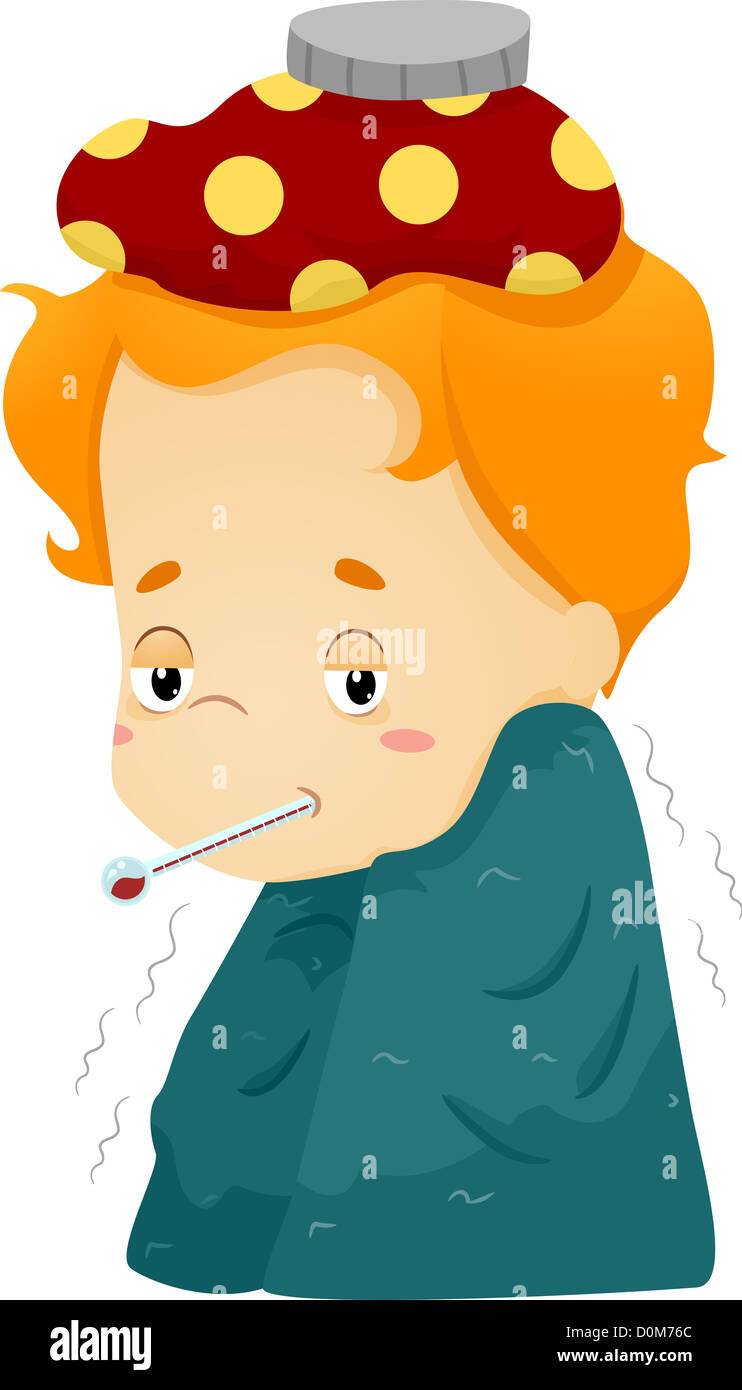 Illustration of a Sick Boy Wrapped in a Blanket and with a Compress on ...