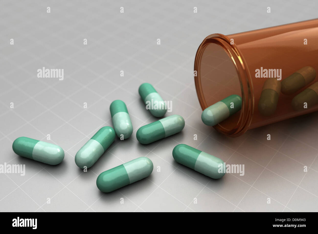 Visualization of spilled medical capsules on a gray wireframe surface ...