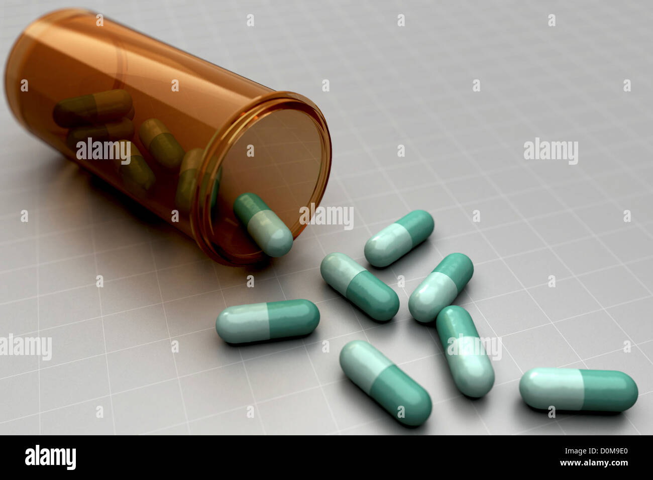 Visualization of spilled medical capsules on a gray wireframe surface ...