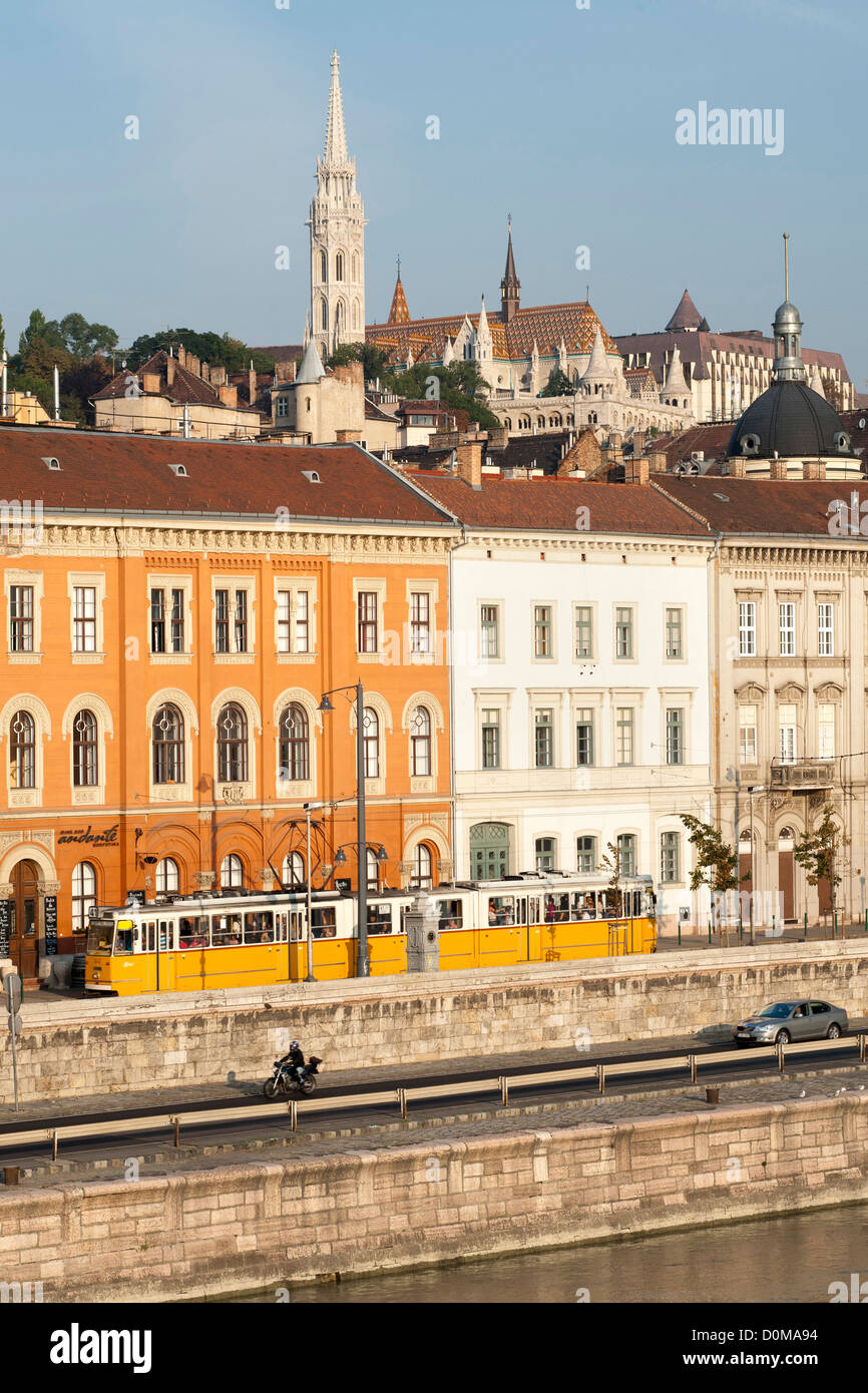 Dawn view of Matthias Church and the buildings along the banks of the ...