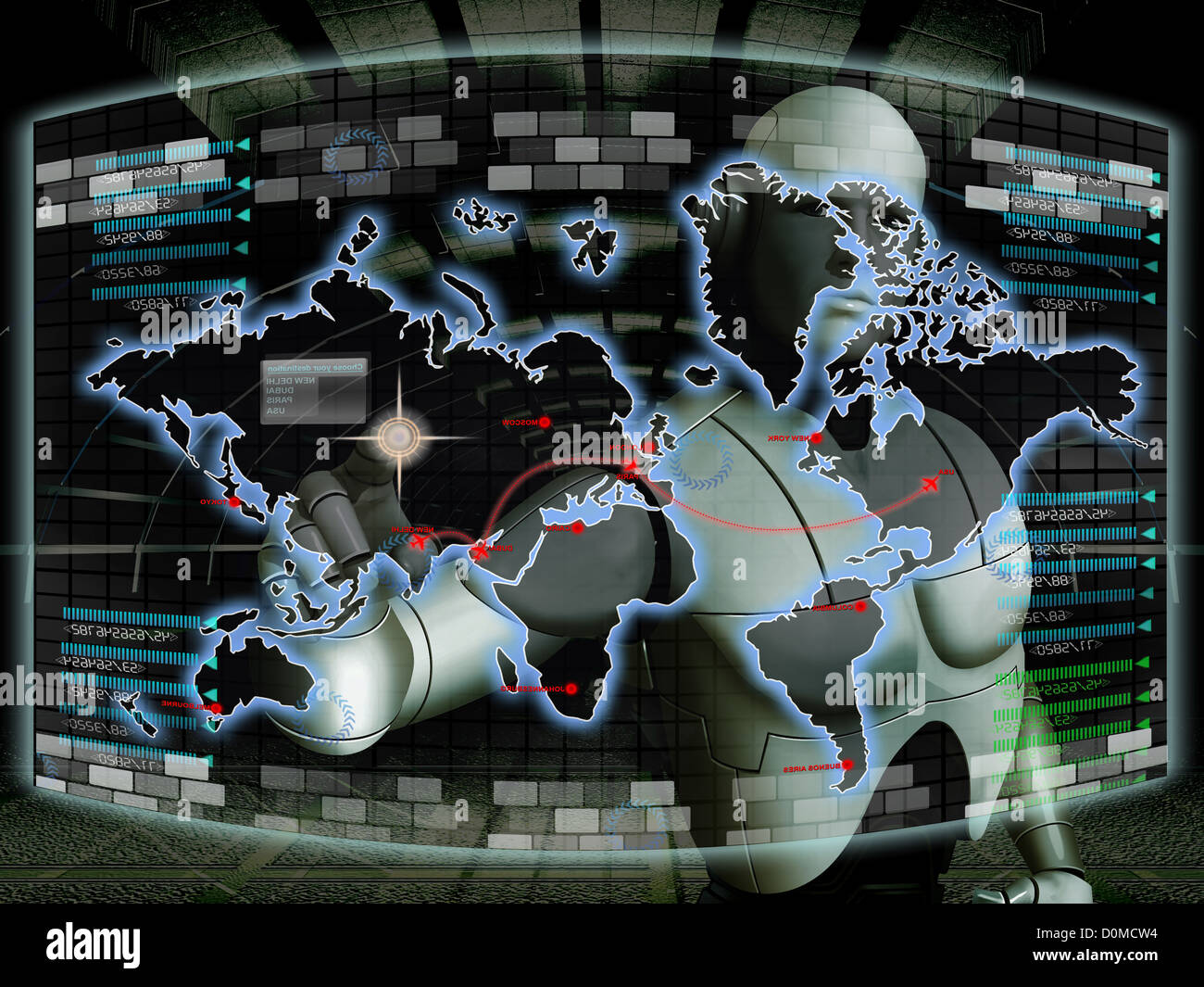 Robot touching major destination points on the world map on a virtual ...