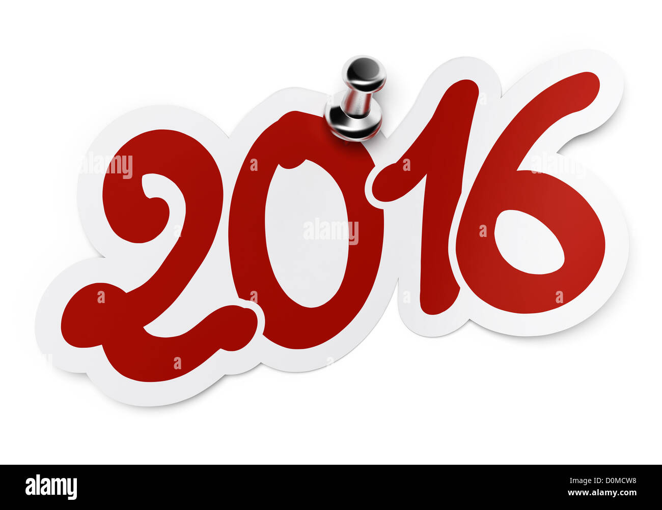 2016 (two thousand sixteen) red sticker fixed onto a white background ...
