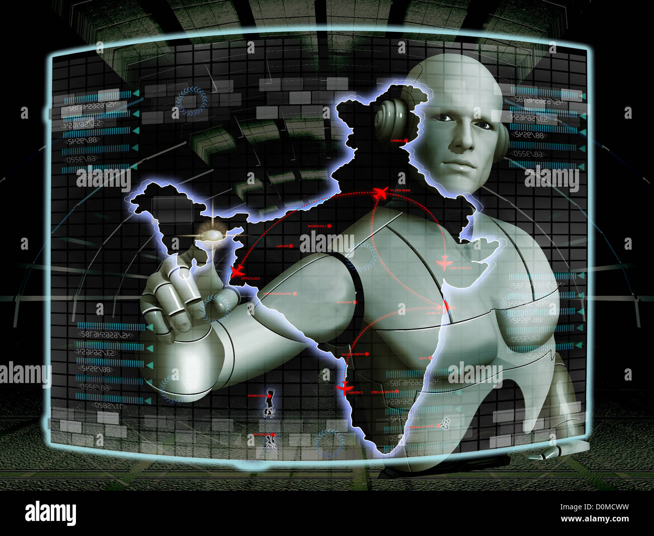 Robot touching major destination points on the map of India on a ...
