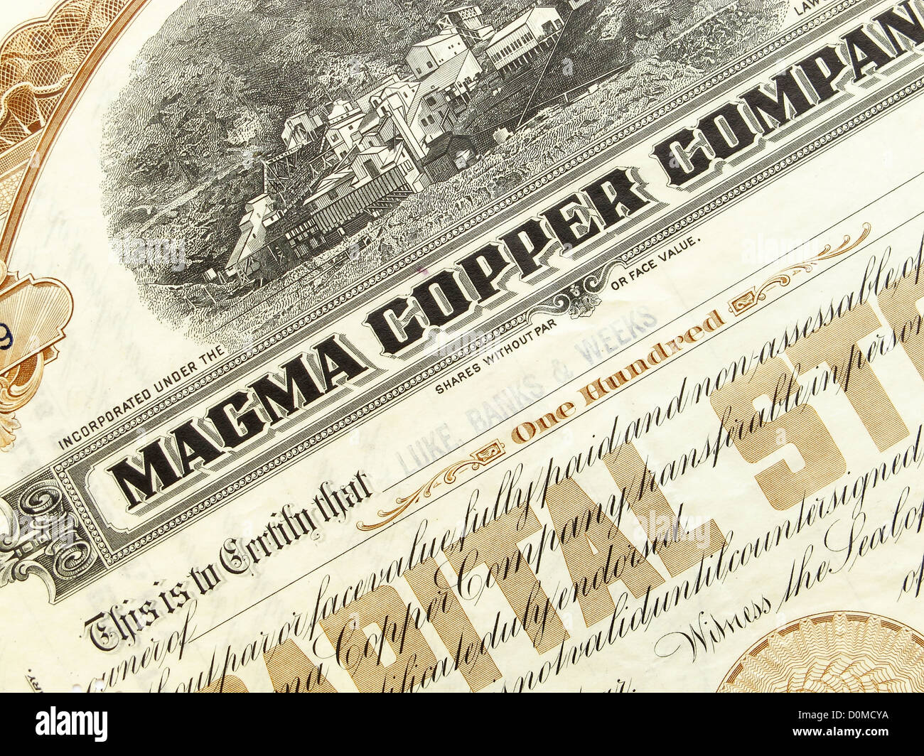 Share certificate of the Magma Copper Company metal mining America US ...