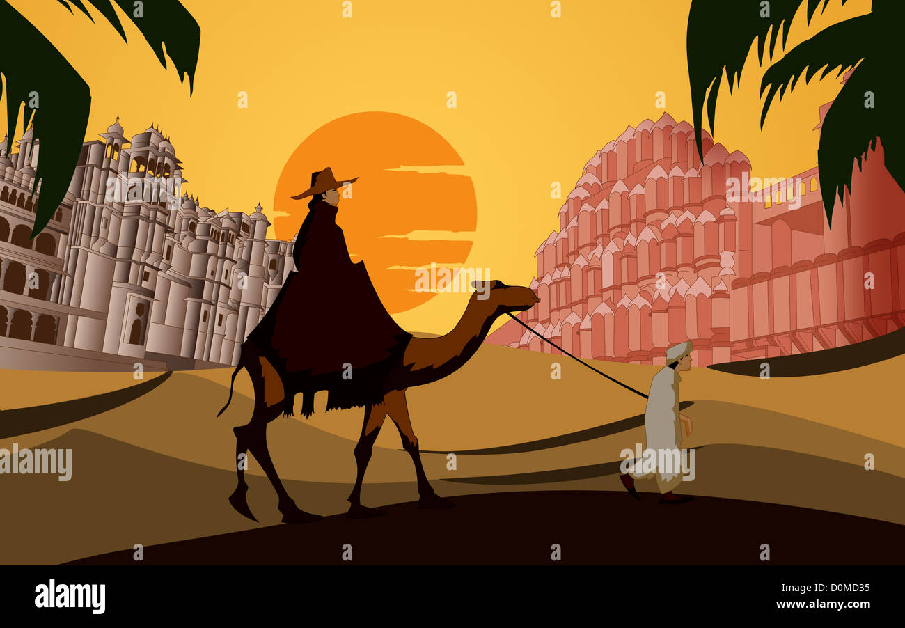 Tourist riding a camel in front a palace, Hawa Mahal, Jaipur, Rajasthan ...