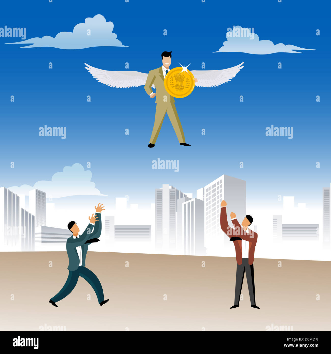 Business angel flying with a coin with other catching him Stock Photo ...