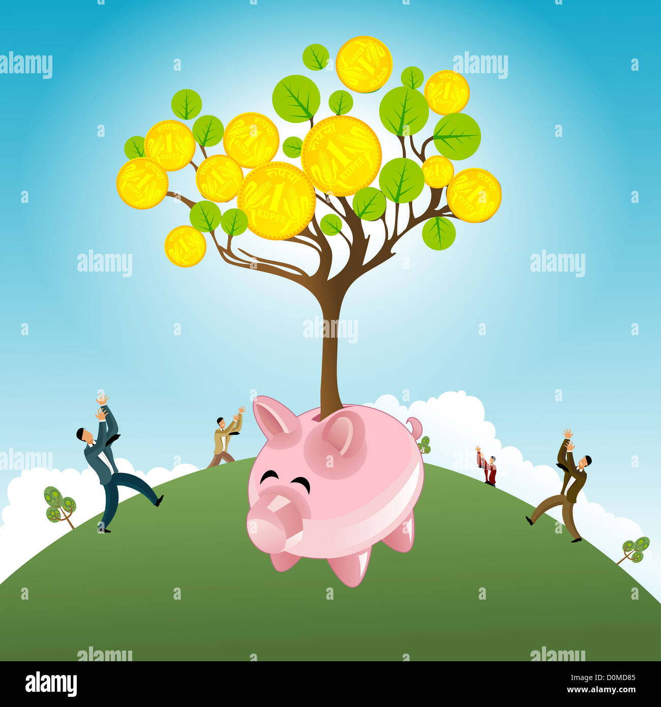 Businessmen waiting for the fall of coin from money tree coming out ...