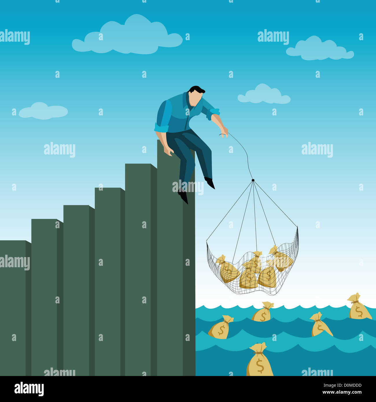 Man catching money bags from the river Stock Photo - Alamy