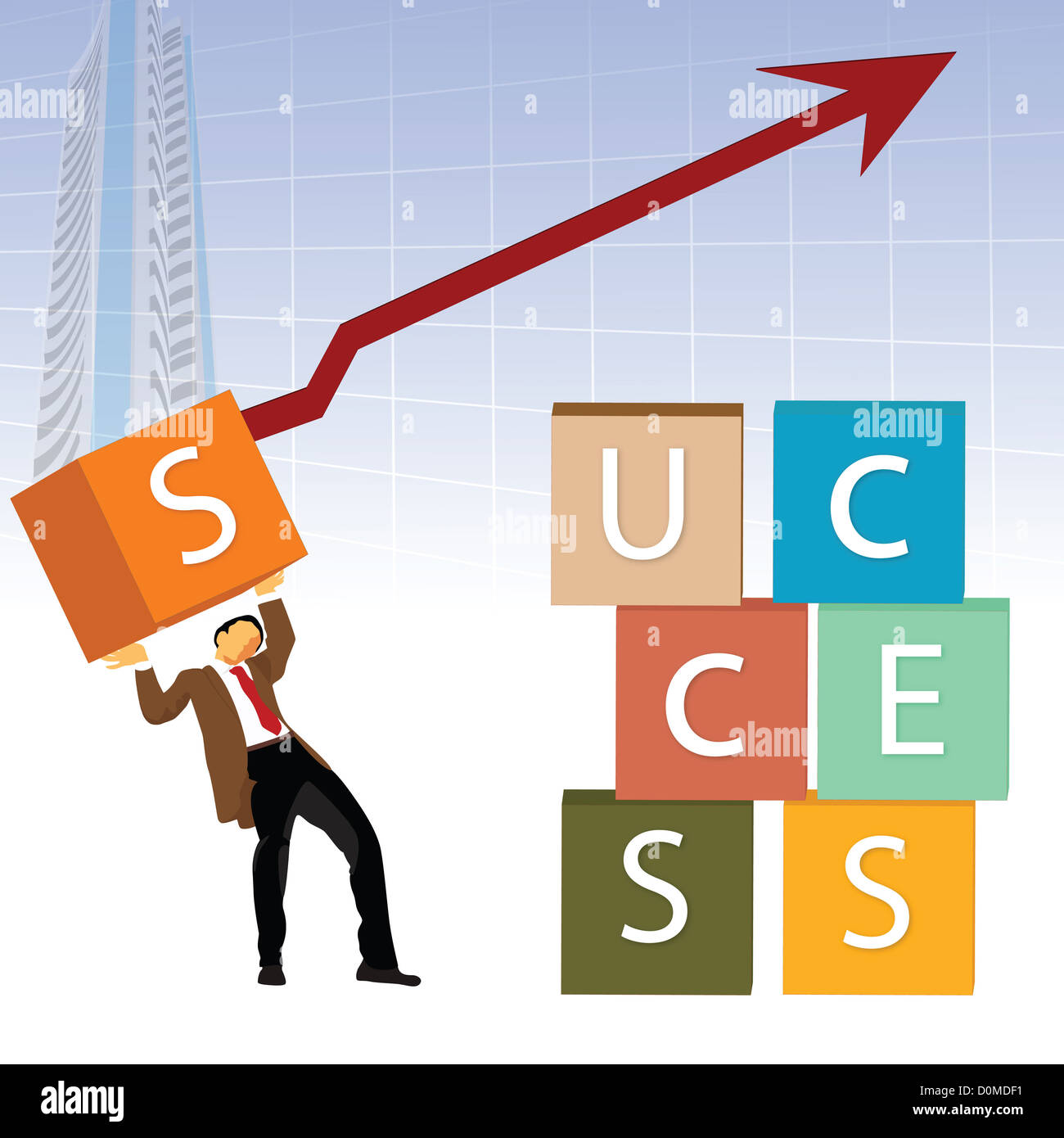 Illustrative representation of a businessman building the word 'SUCCESS ...