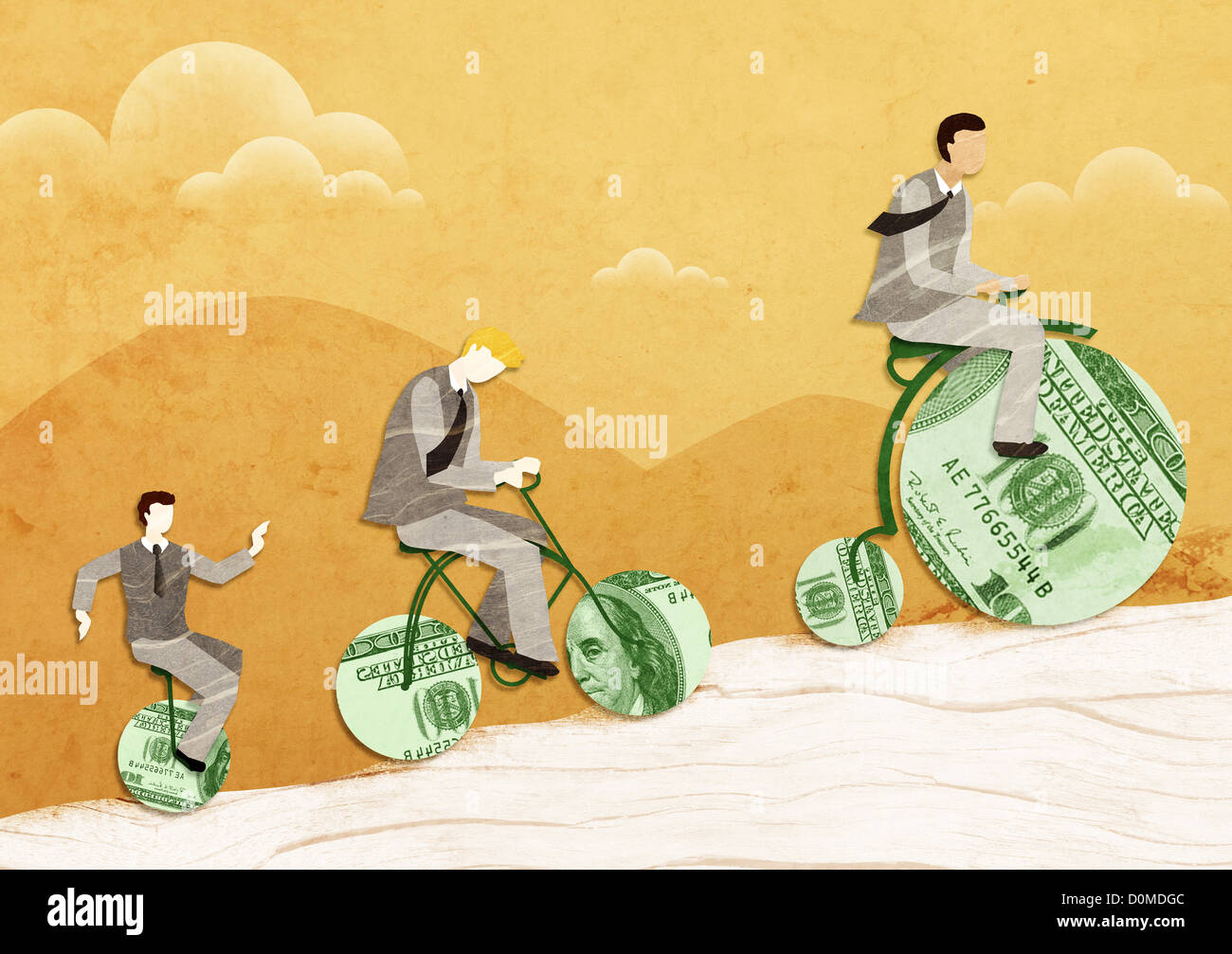 Three businessmen riding money bikes Stock Photo - Alamy