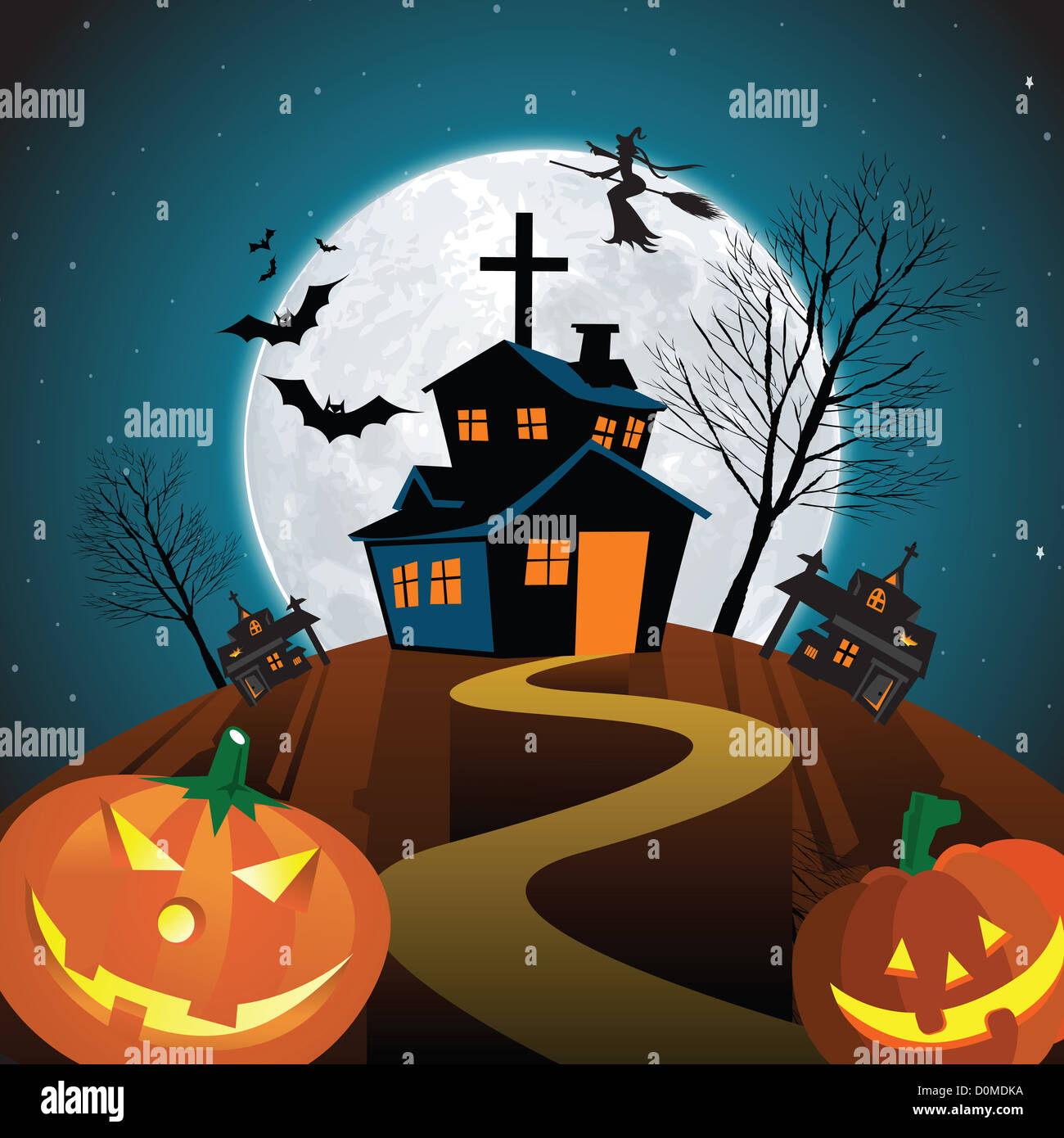 Church with witch and bats flying in front full moon Stock Photo - Alamy