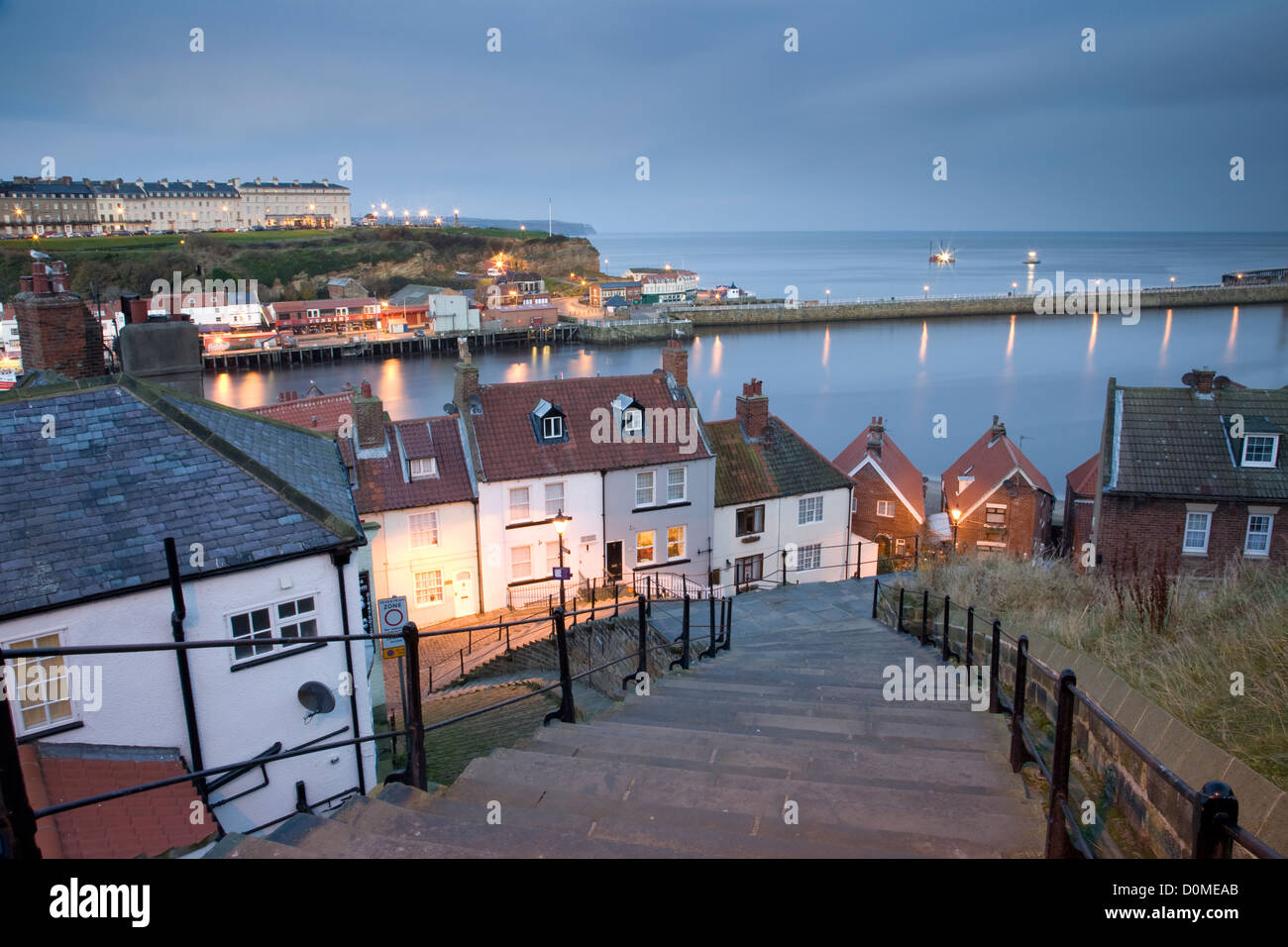 Whitby's 199 steps to the Abbey looking down on the harbour Stock Photo ...