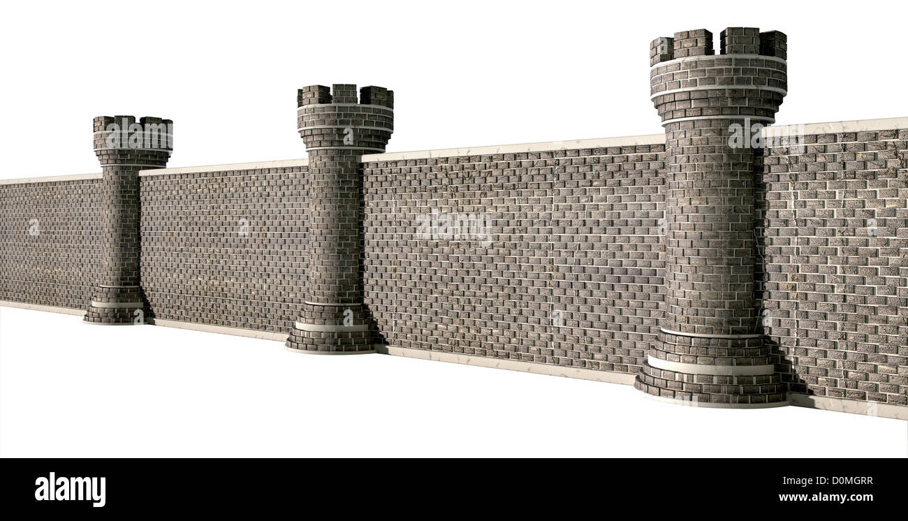 A perspective view of a gothic brick wall seperated by evenly spaced ...