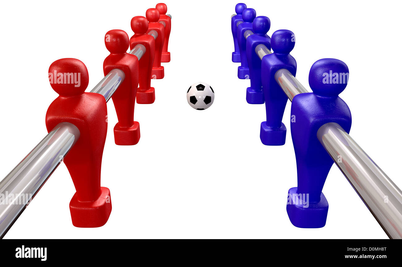 Foosball players of a blue and red team competing for a soccer ball on ...