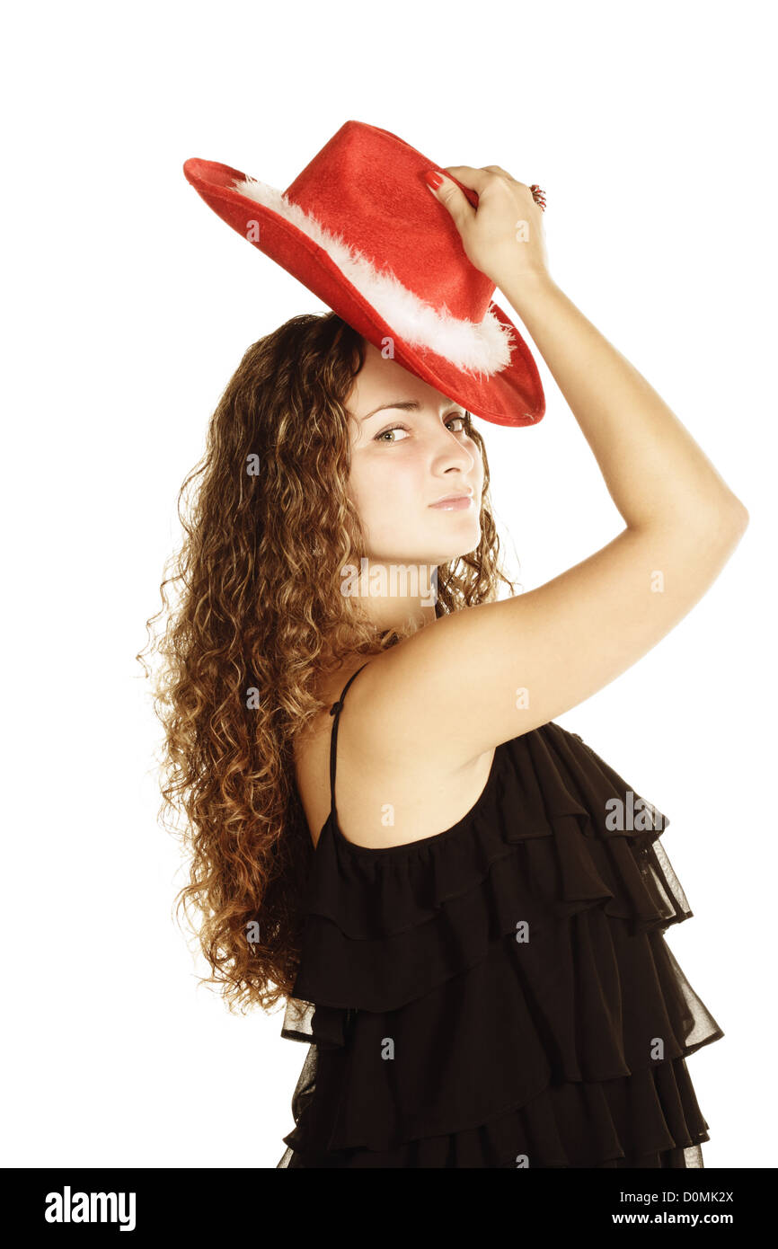 Curly woman in red hat Stock Photo - Alamy