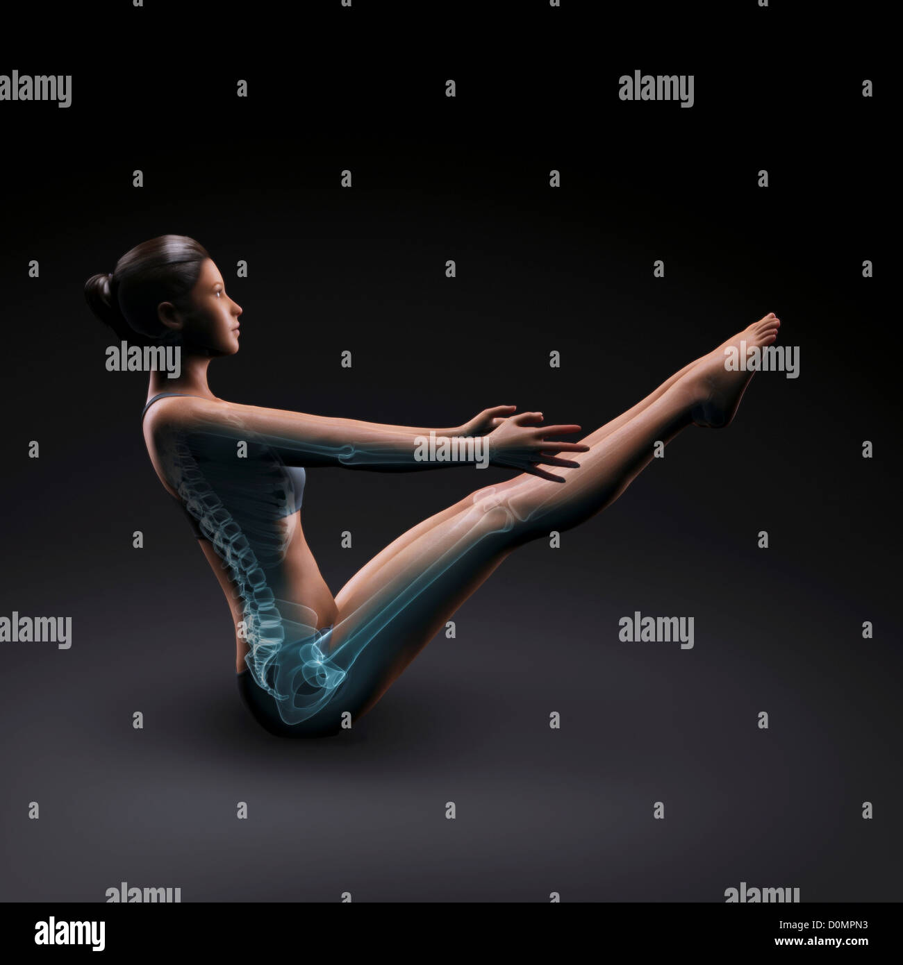 Skeleton layered over a female body in a floating boat pose showing the ...