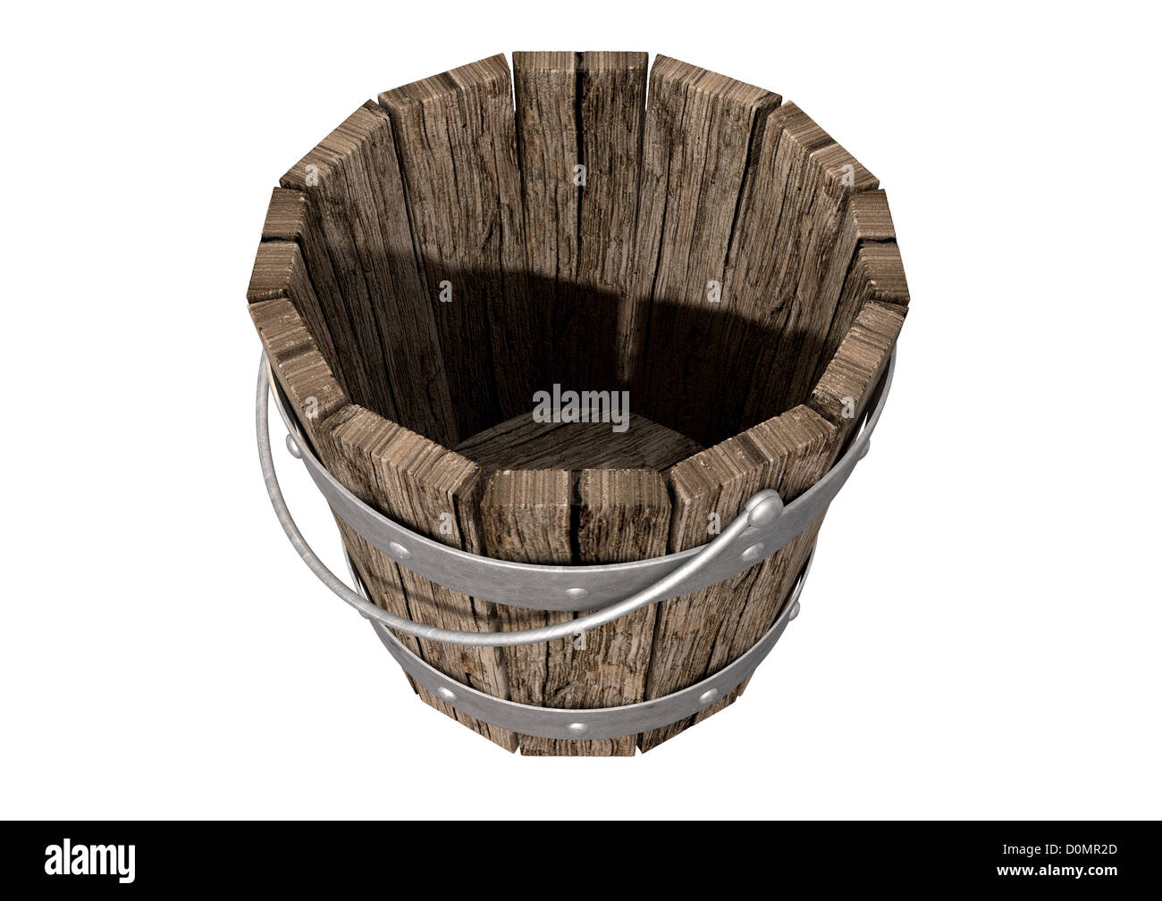 A vintage wooden bucket with metal ring supports and a handle on an ...