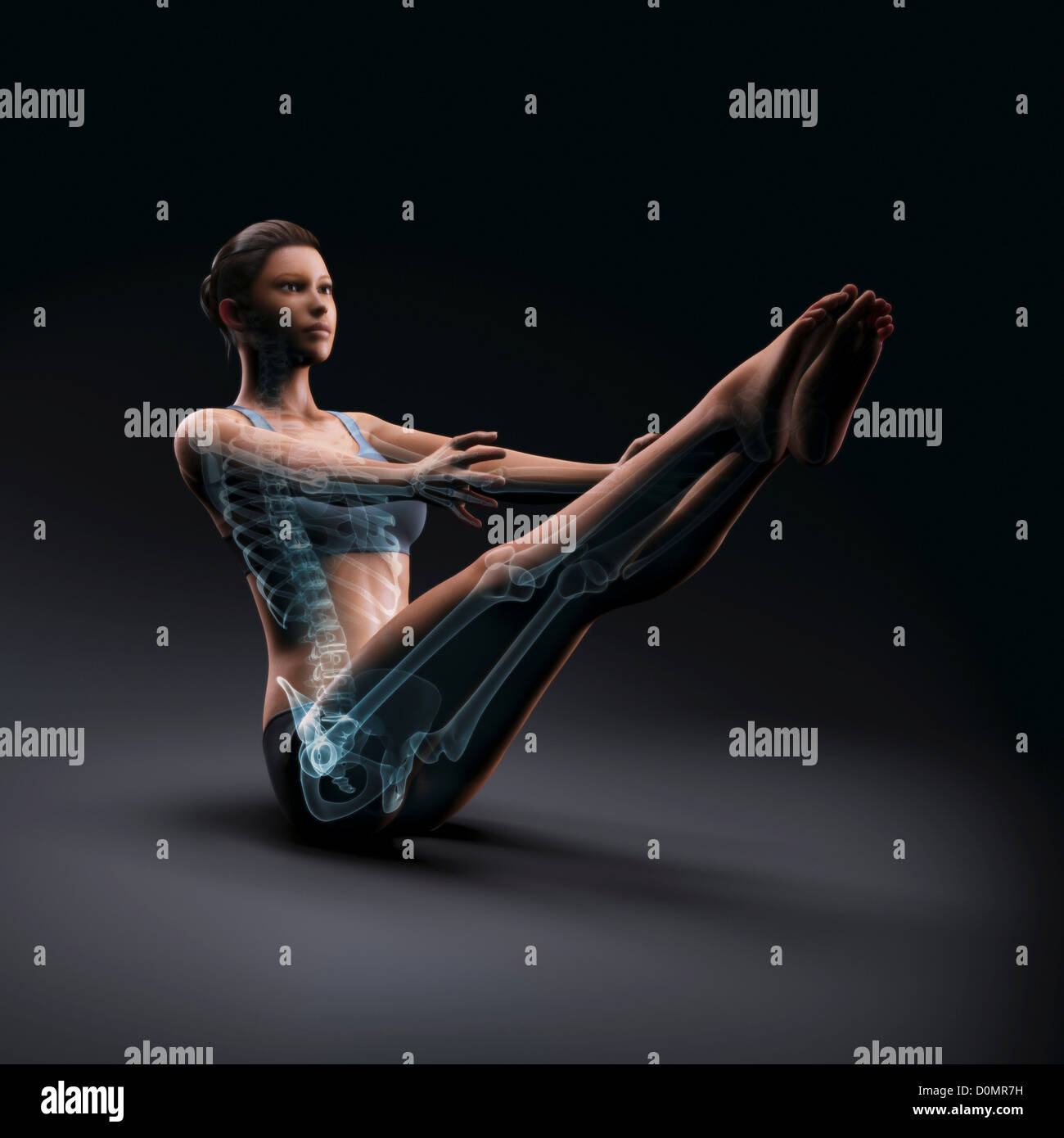 Skeleton layered over a female body in a floating boat pose showing the ...