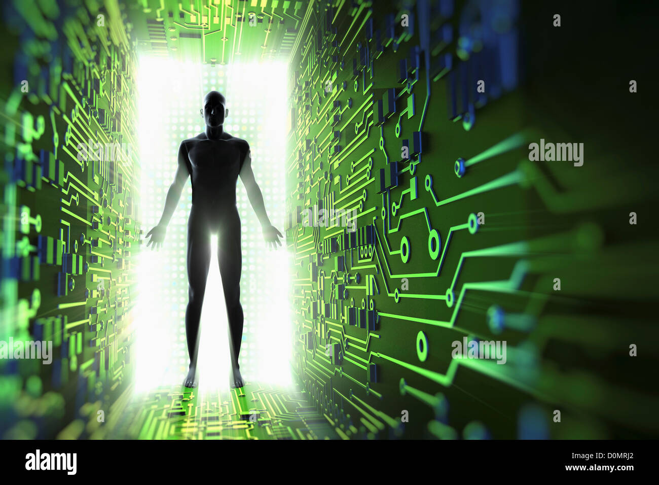 Light beams silhouette a human shape standing at the end of a digital ...