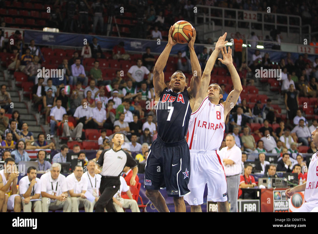 Russel Westbrook (L) of USA and Saman Veisi (R) of Iran 2010 FIBA World ...