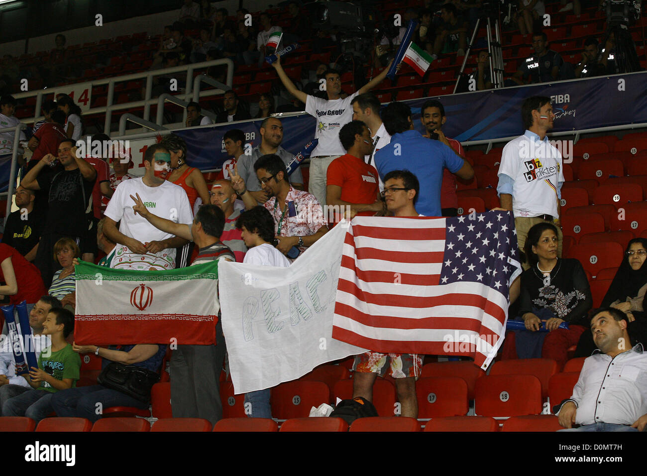 American and Iranian Fans hold up flags FIBA World Championship Group B ...
